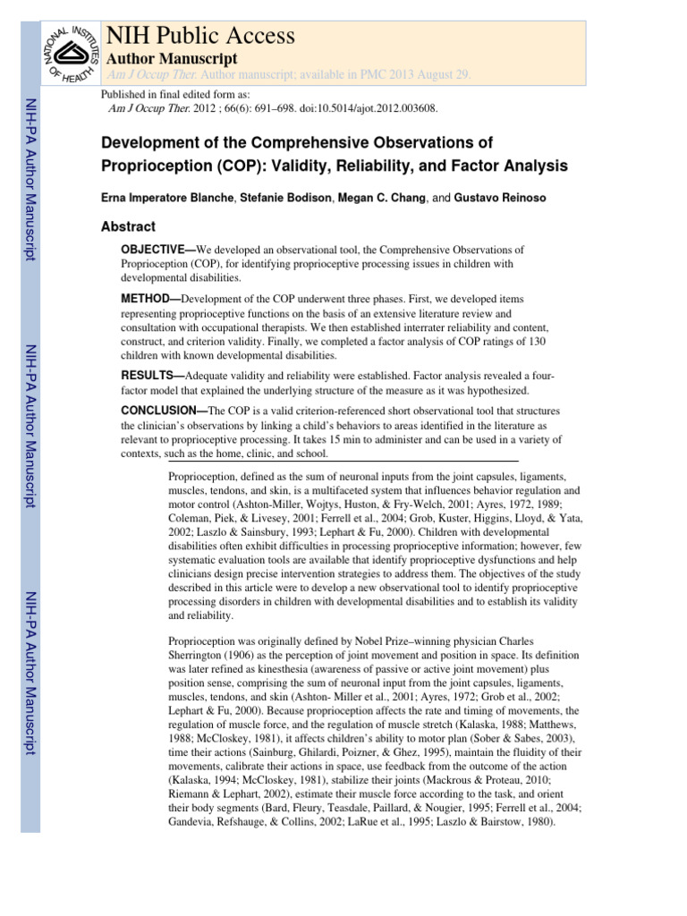 Comprehensive Observations of Proprioception Tool | PDF | Sensory ...