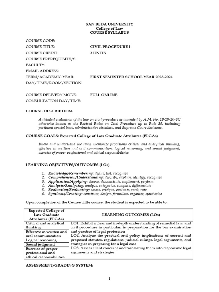 Civil Procedure 1 Syllabus Departmental 2023-2024 | PDF | Judiciaries ...
