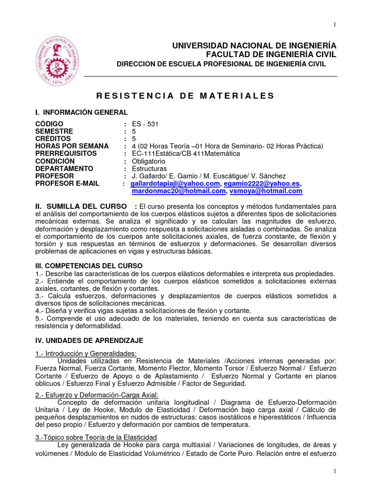SyllabusC ES-531-Resistencia de Materiales 2020-1 | Descargar gratis PDF | Viga (Estructura ...