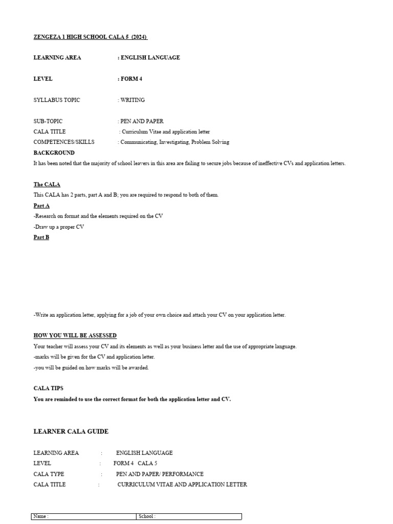 Zengeza 1 High School Cala 5 | PDF | Curriculum | Learning