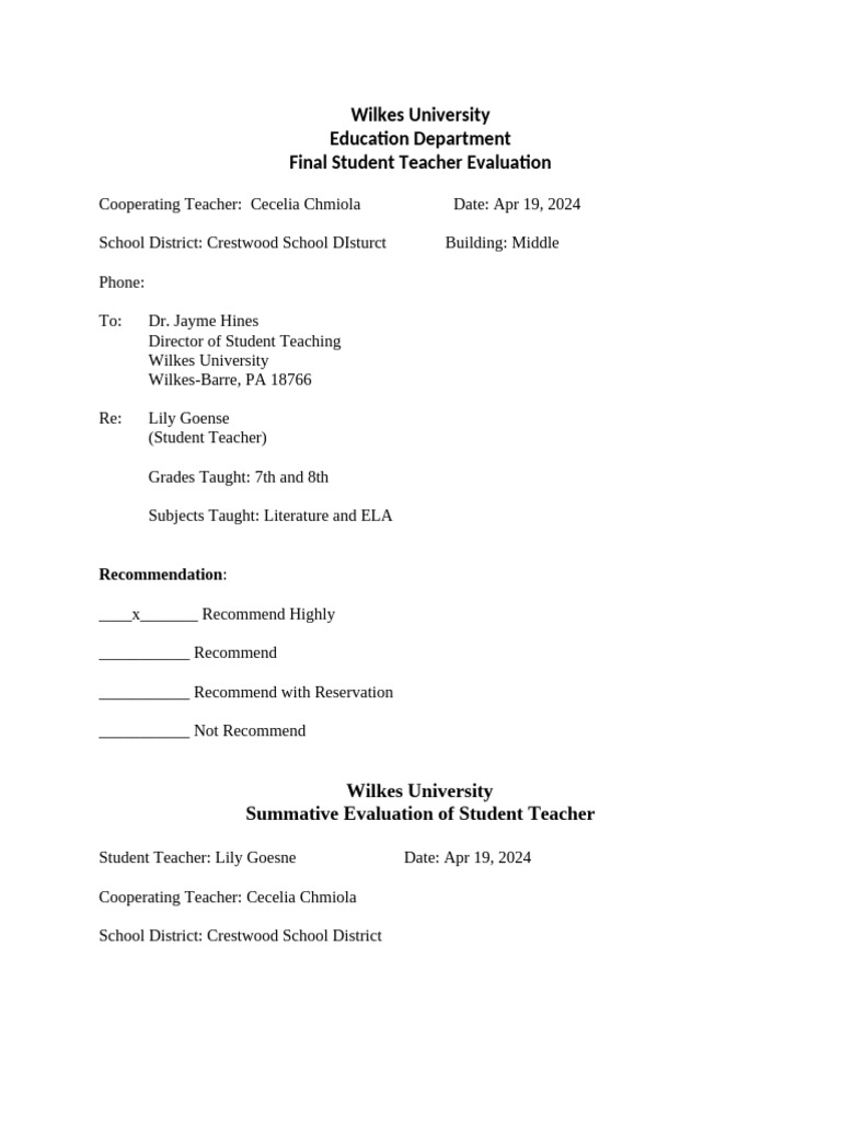 Final Cooperating Teacher Evaluation For Lily Goense 1 | PDF | Learning | Education Theory