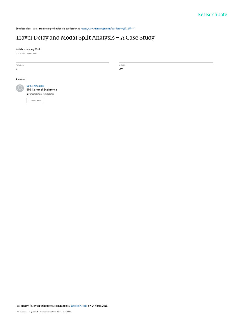 Travel Delay and Modal Split Analysis - A Case Stu | PDF | Linear Regression | Transport