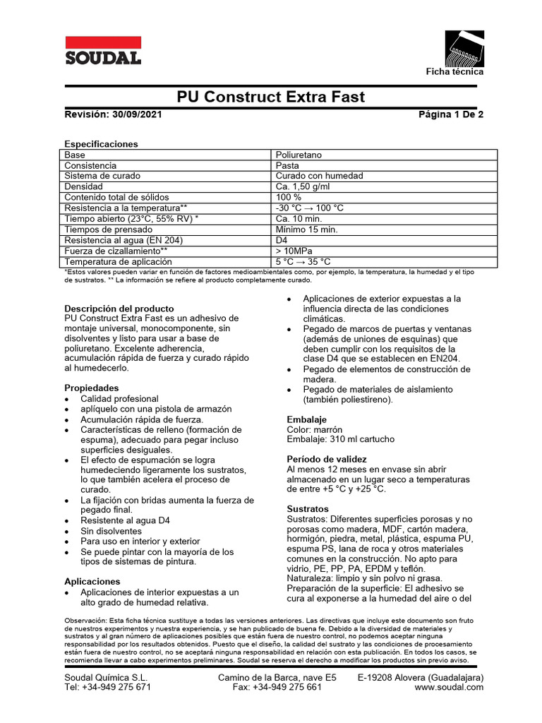 Ficha Tecnica Pegamento Soudal | PDF | Madera | Adhesivo