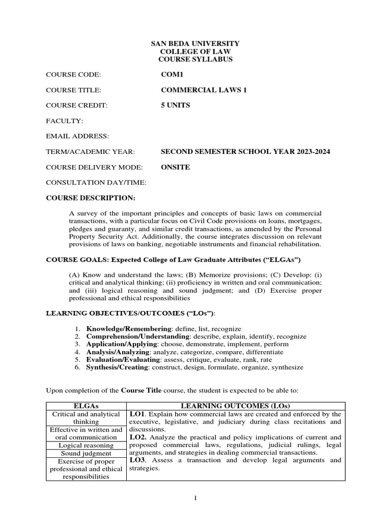 SBU COL Draft Syllabus in Commercial Laws 1 | PDF | Negotiable Instrument | Security Interest