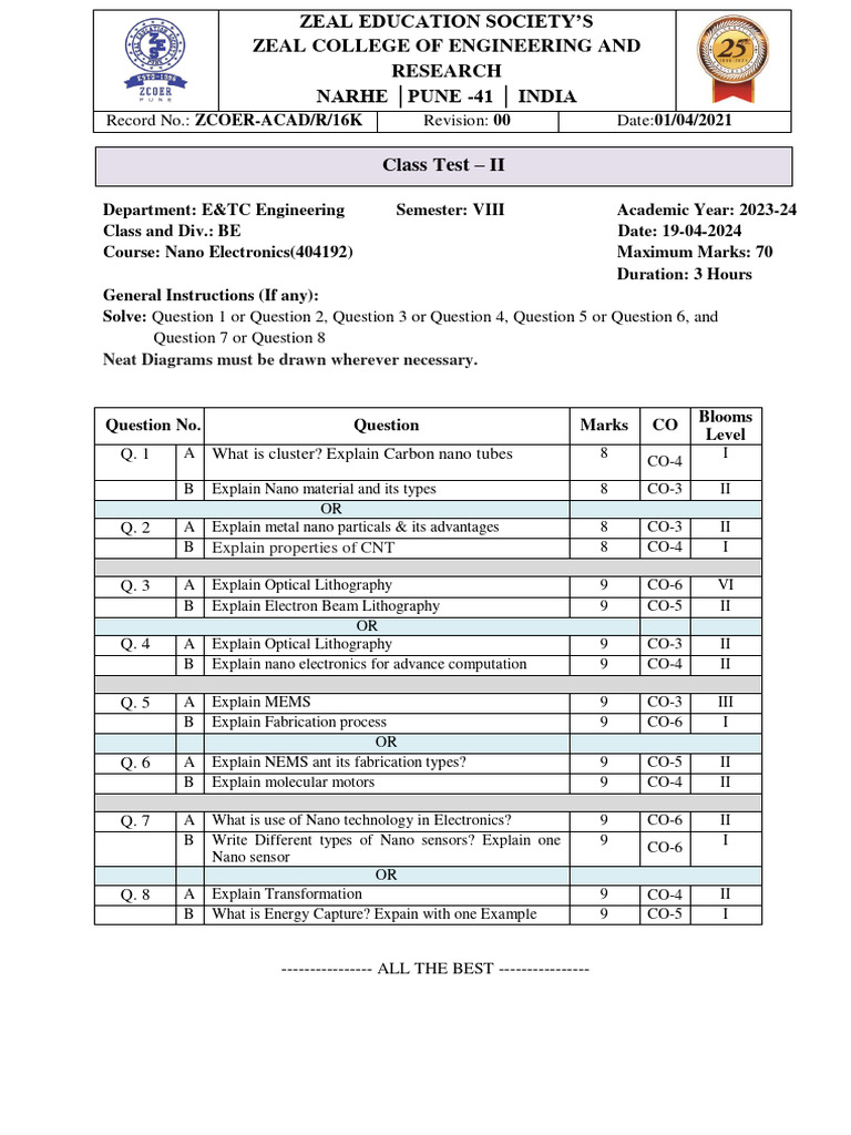 Class Test - 2 NE | PDF | Nanotechnology | Carbon Nanotube