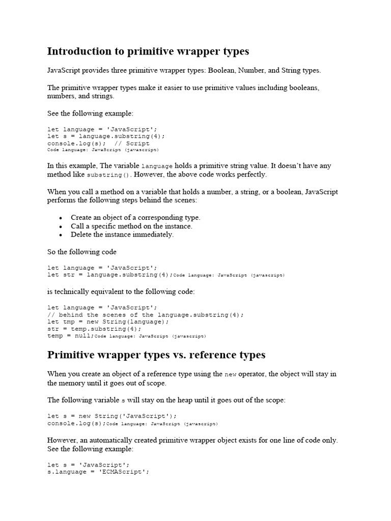 Introduction To Primitive Wrapper Types Pdf Java Script String 8352