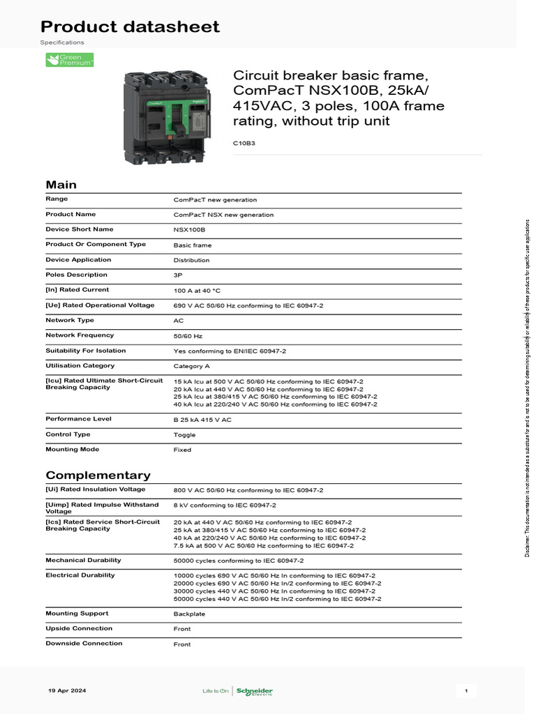 ComPacT NSX100B Circuit Specs | PDF | Alternating Current | Electrical Engineering