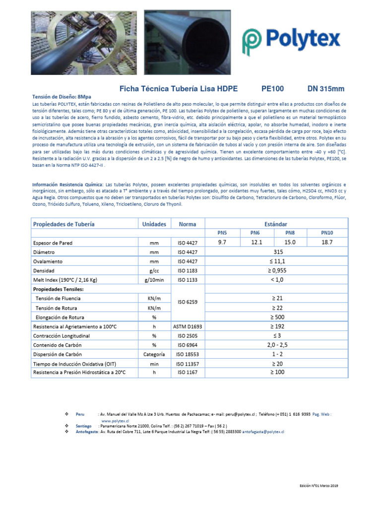 Ficha Técnica Tubería Lisa DN 315 PE100 | PDF | Polietileno | Tubería (transporte de fluidos)