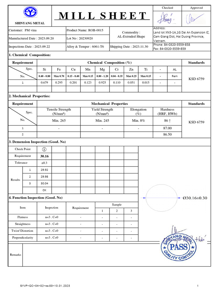 Mill Sheet: Si Fe Cu MN MG CR ZN Ti - AL KSD 6759 | PDF | Manganese | Iron