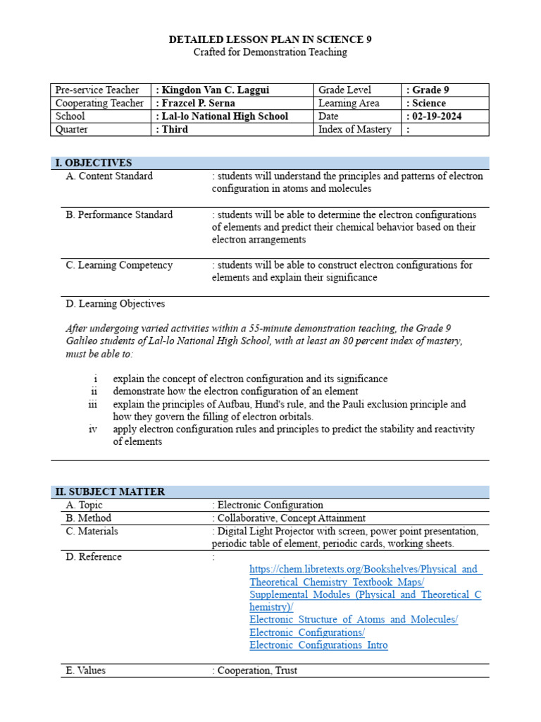 Grade 9 Electron Configuration Lesson Plan | PDF | Electron ...