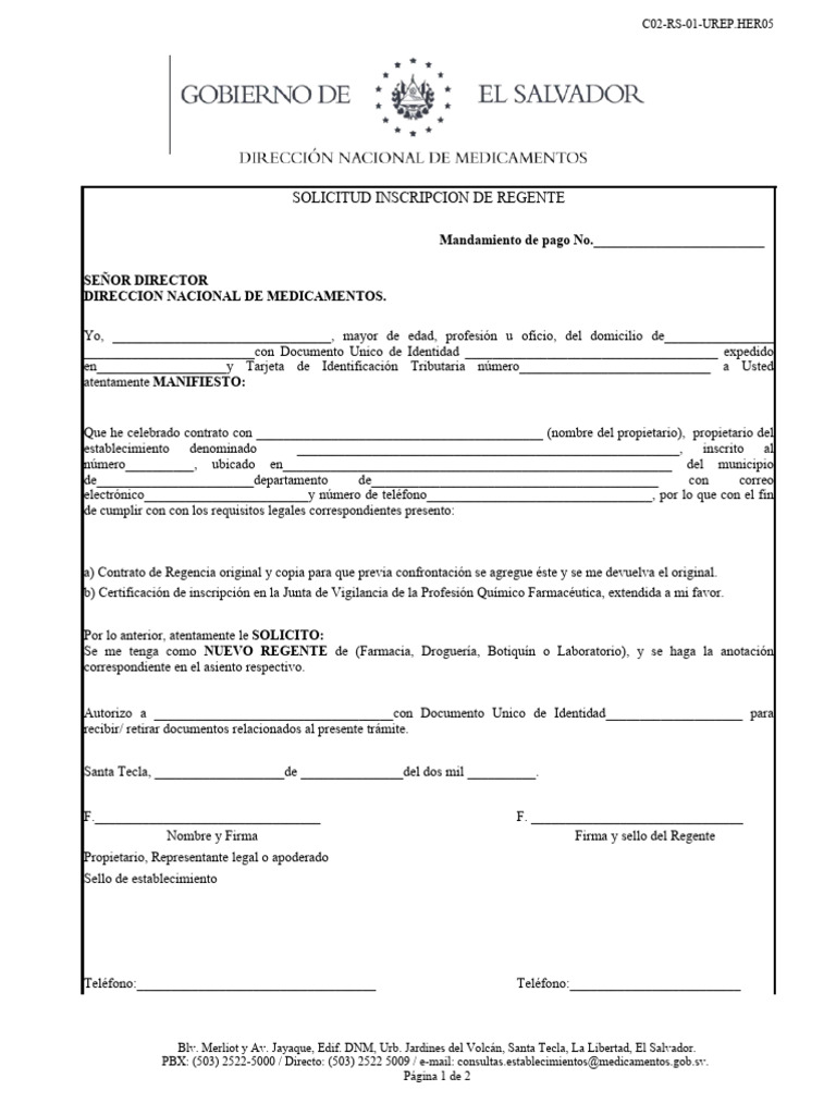 C02-RS-01-UREP.HER05 SOLICITUD INSCRIPCION DE REGENTE-DNM | PDF