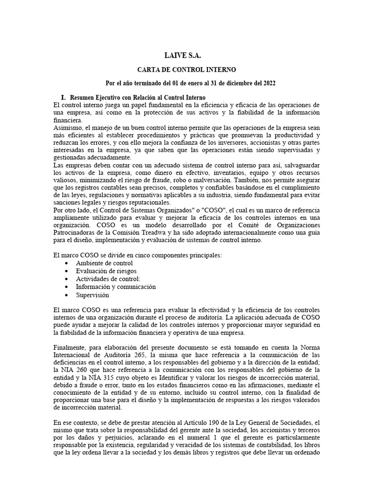 Tarea Académica 4 CARTA DE CONTROL INTERNO LAIVE SA 06DIC2023 | PDF | Auditoría | Contabilidad