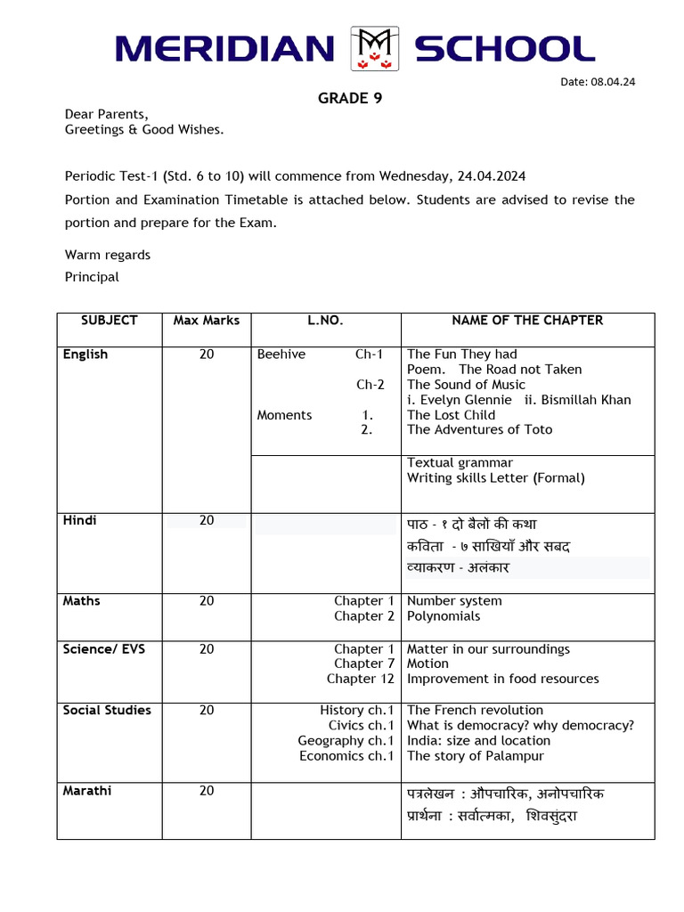 Grade 9 - PT 1 Portion Timetable | PDF