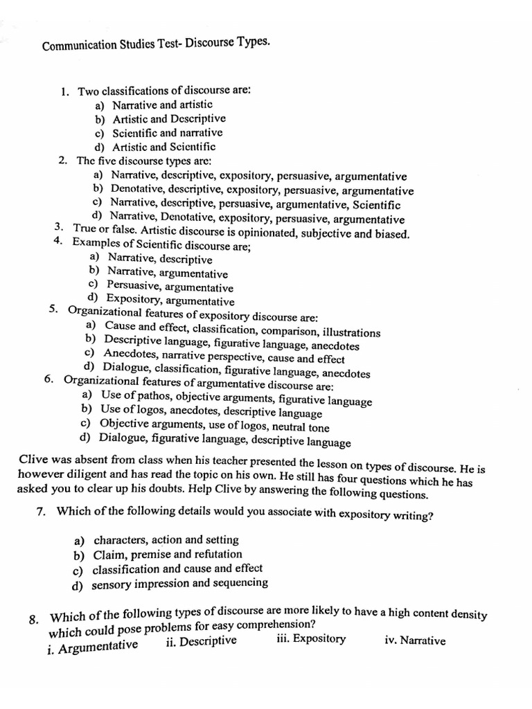 Quiz Discourse Types Registers And Verbal Communication Pdf