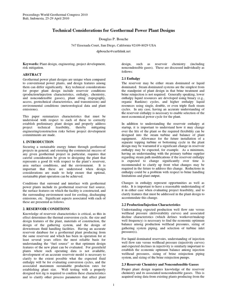 Technical Considerations For Geothermal Power Plant Designs: Keywords: Plant Design, Engineering ...