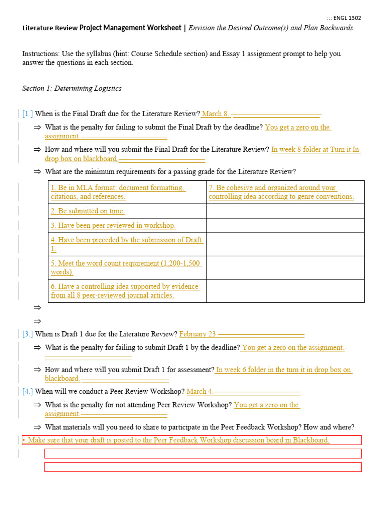 Lit Review Project Management Worksheet 1302 1 | PDF | Essays | Citation