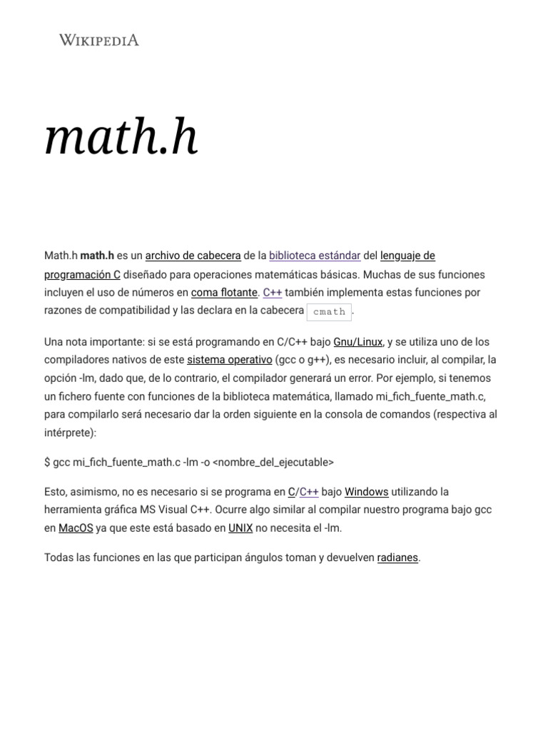 Math.h - Wikipedia, La Enciclopedia Libre | PDF | C ++ | C (lenguaje de ...