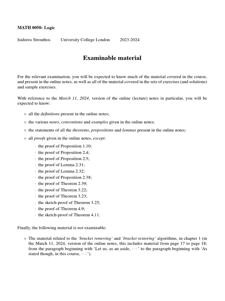 UCL MATH 0050: Logic Exam Guide | PDF