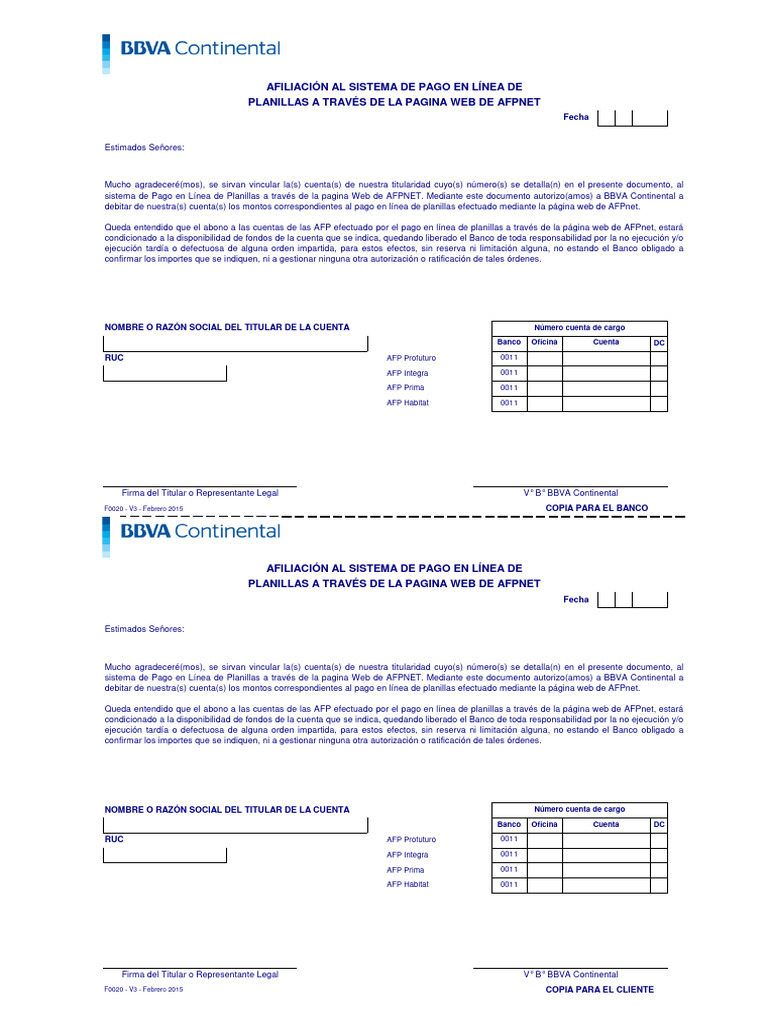 Formato de Afiliación A Pago de AFPnet Online BBVA | PDF