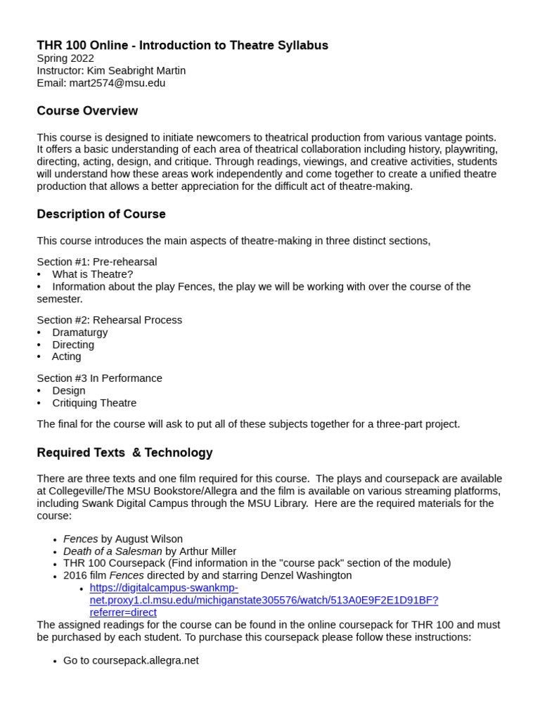 Spring 20 THR 100 Online Syllabus | PDF | Educational Technology