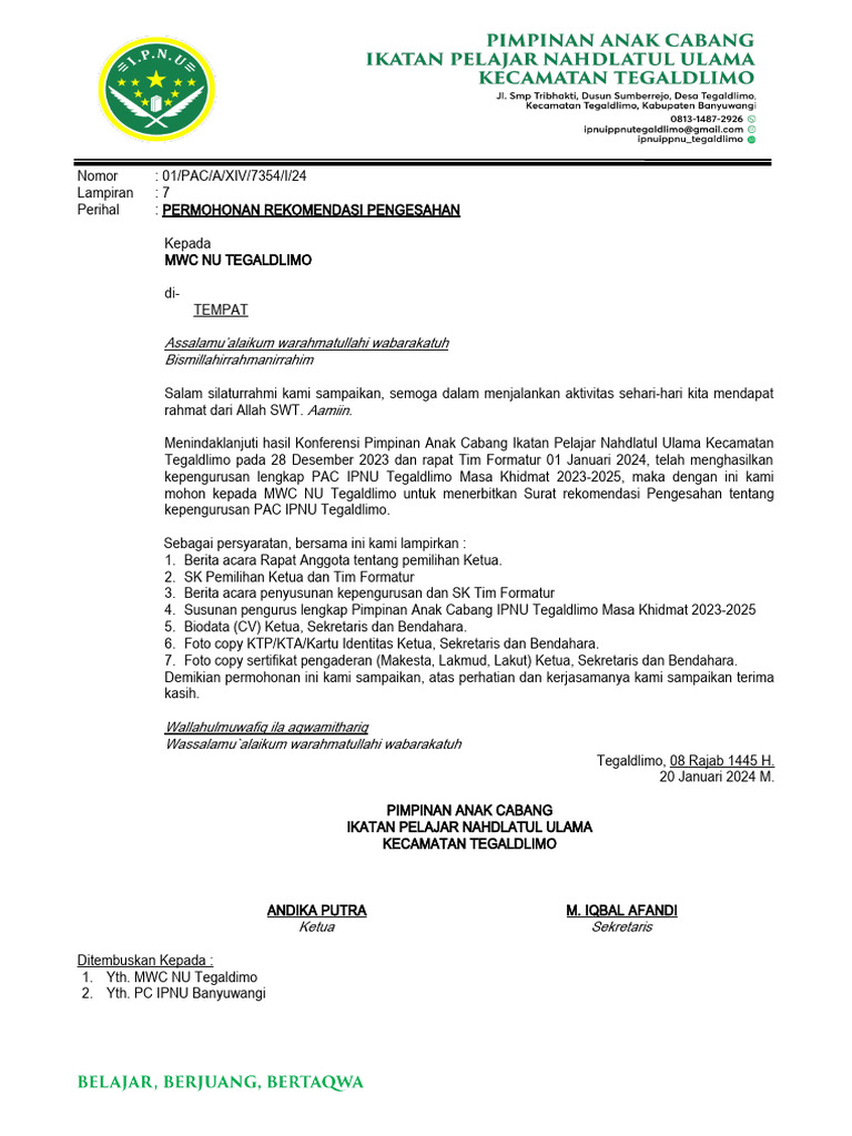 01 Permohonan Rekomendasi MWC Nu | PDF