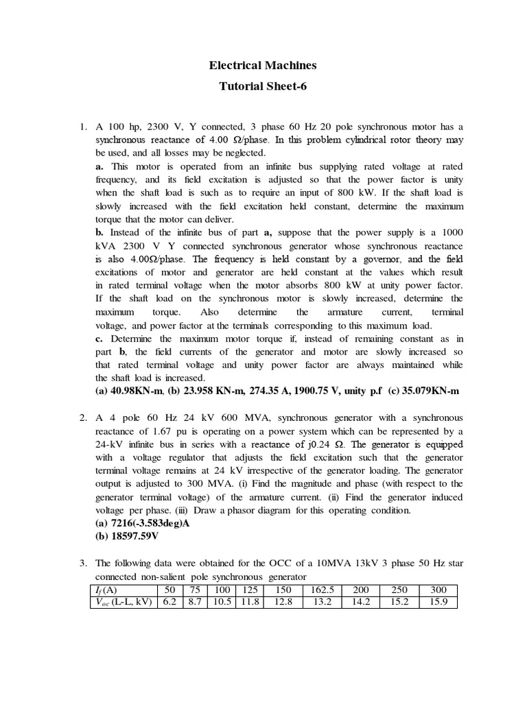 Machines Tutorial Sheet #6 (2024) Answer Keys | PDF | Electric Motor ...