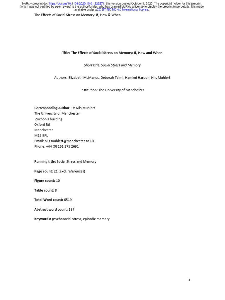 The Effects of Social Stress On Memory If How and | Download Free PDF | Recall (Memory) | Memory