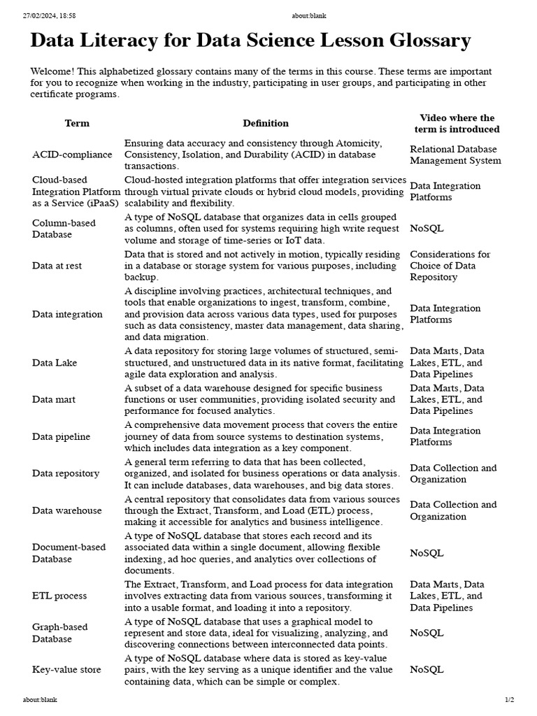 Data Literacy Glossary | Download Free PDF | No Sql | Data Warehouse