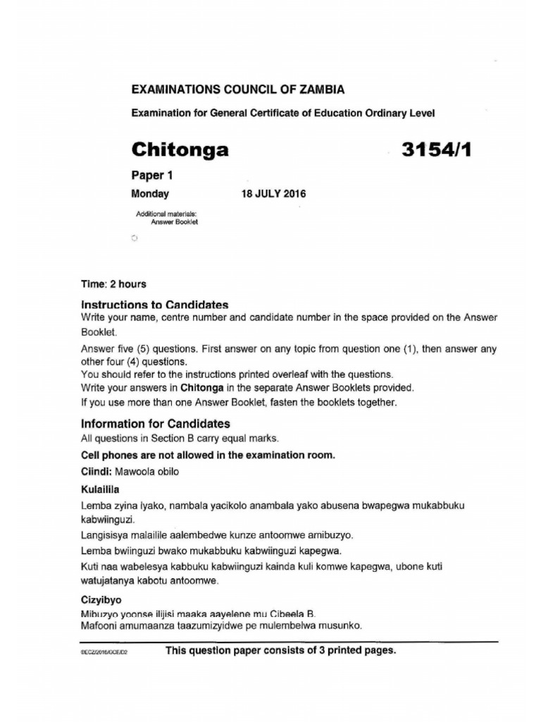 g12 Chitonga p1 2016 Gce | PDF