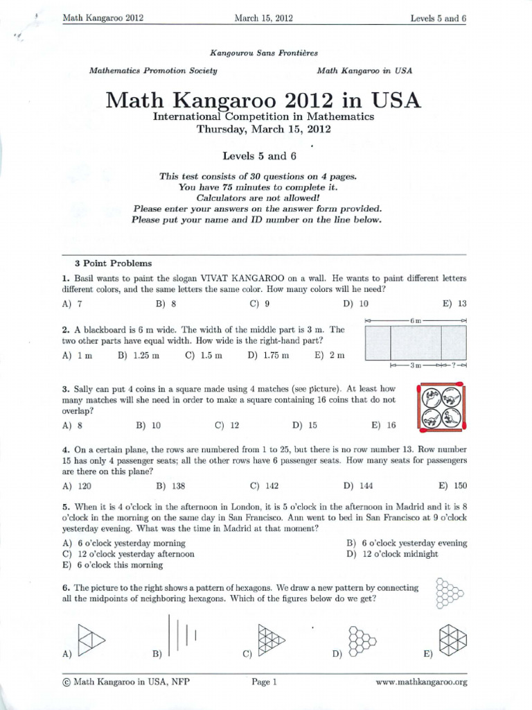 Math Kangaroo 2012 Level 5 6 Contest | PDF