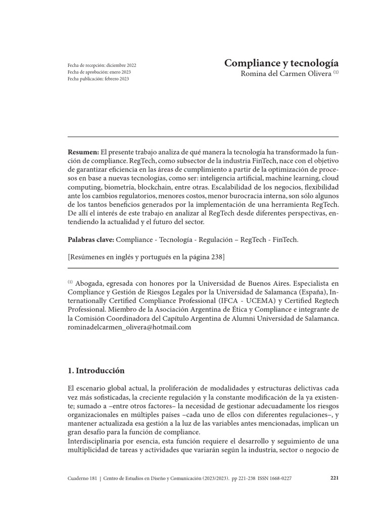 Compliance y Tecnología: Resumen: El Presente Trabajo Analiza de Qué Manera La Tecnología Ha ...