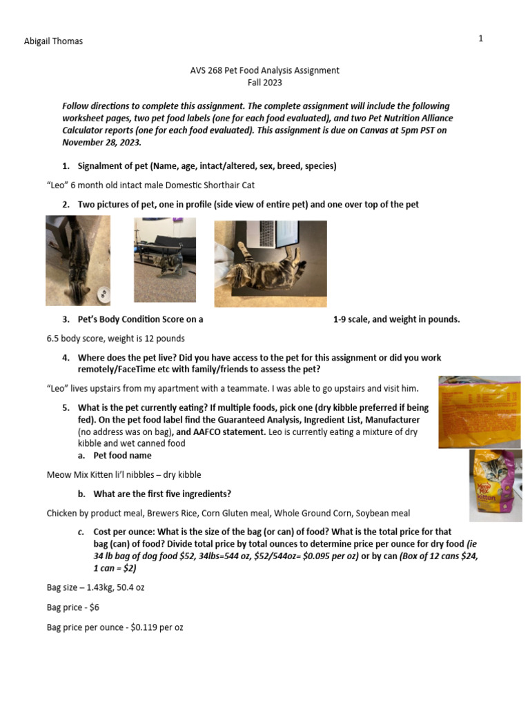 Pet Nutrition Analysis for "Leo" | PDF | Nutrition | Diet & Nutrition
