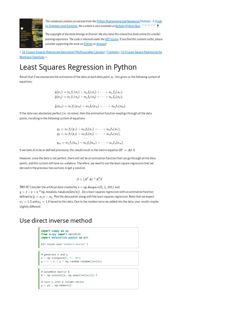 Least Squares Regression in Python: Use Direct Inverse Method | PDF | Ordinary Least Squares ...