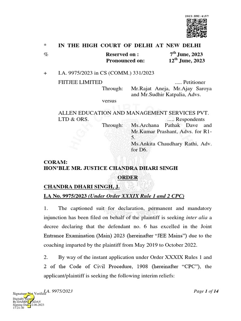 HC ON Judgement On FIITJEE LIMITED Vis Allen | PDF | Lawsuit | Injunction