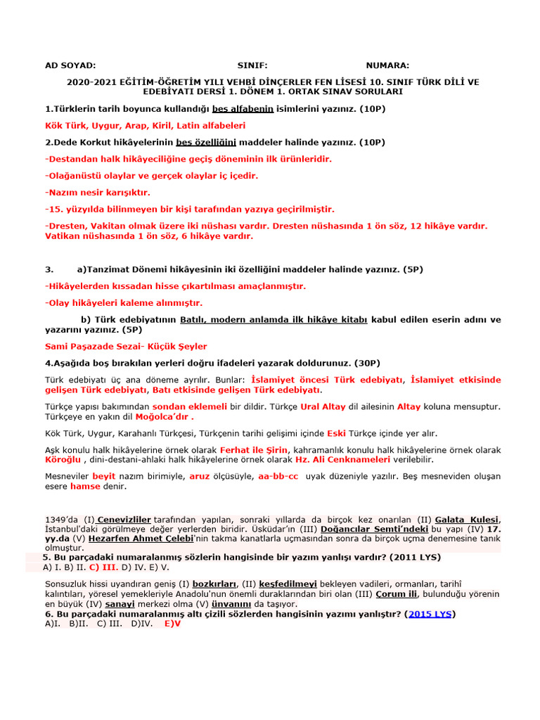 10 Tde 1. Sinav Cevap Anahtari | PDF