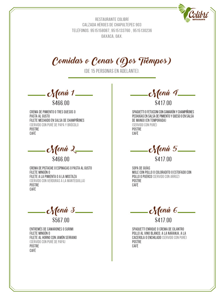 Menus Comida 2 Platillos Nuevo 2024 Colibri | PDF | Postres | Cocina de las Americas