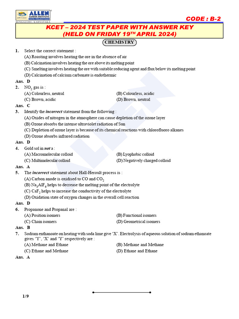 KCET 2024 Chemistry Paper With Answer | PDF | Ozone | Hydroxide