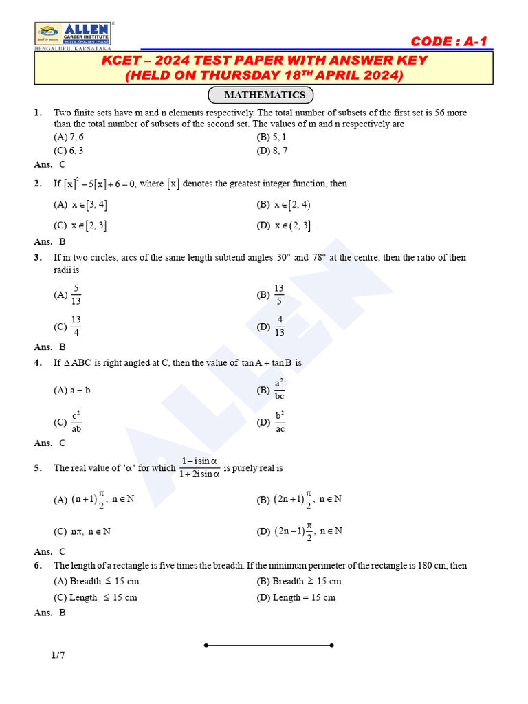 KCET 2024 MATHS Paper With Answer | PDF | Function (Mathematics ... KCET 2024 MATHS Paper With Answer | PDF | Function (Mathematics ...