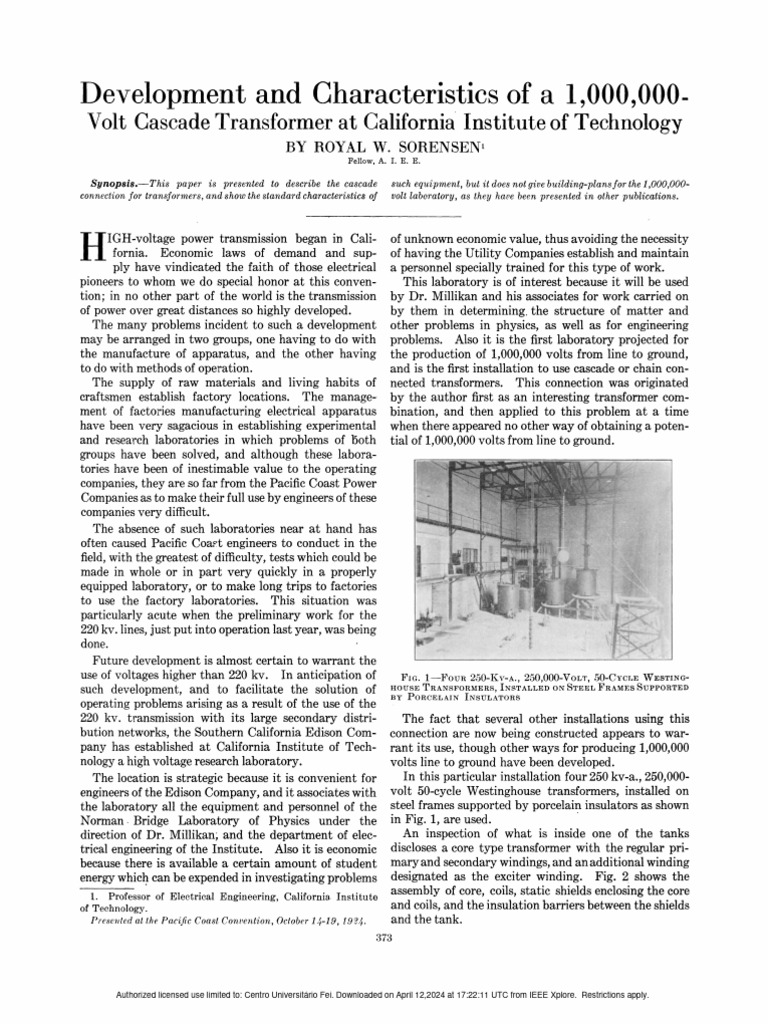 Development And Characteristics Of A 1000000 Volt Cascade Transformer At Califor Pdf