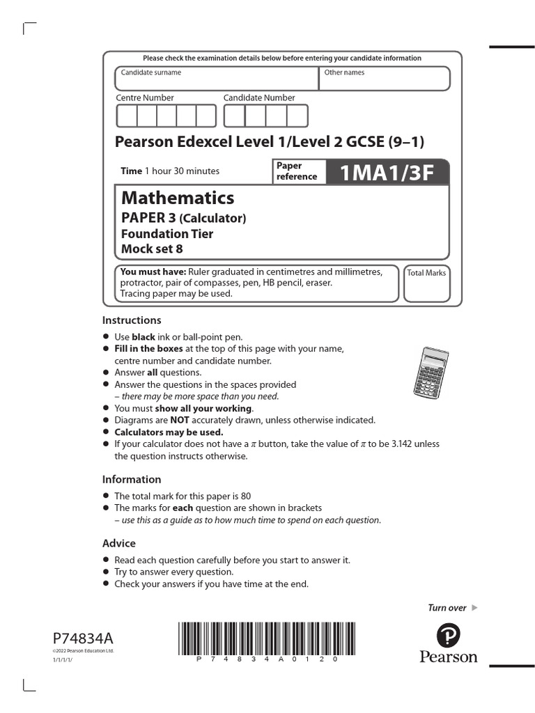 GCSE Maths Mock Set 8 1MA1 - 3F Question Paper | PDF | Area | Mathematics