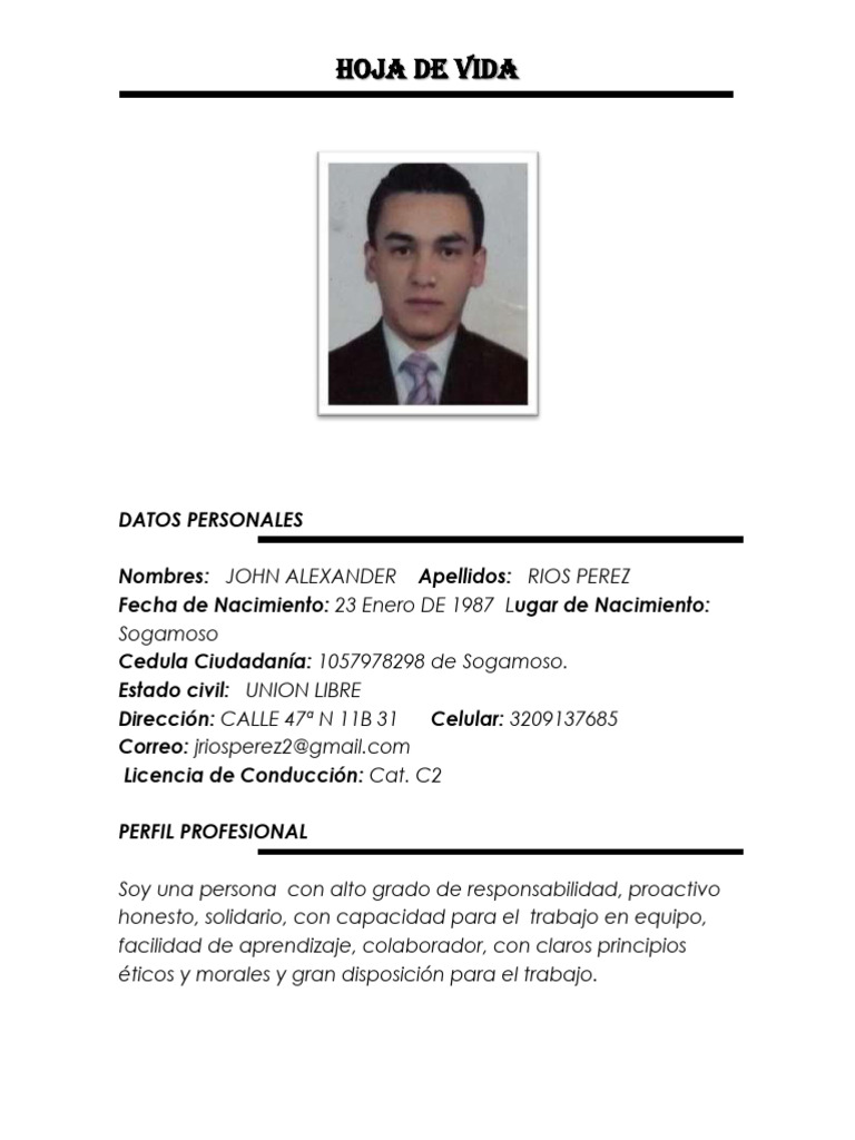 Hoja de Vida de John Rios | PDF