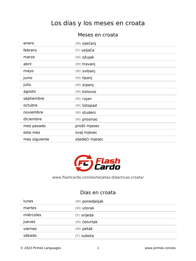 Los Meses y Los Dias en Croata | PDF