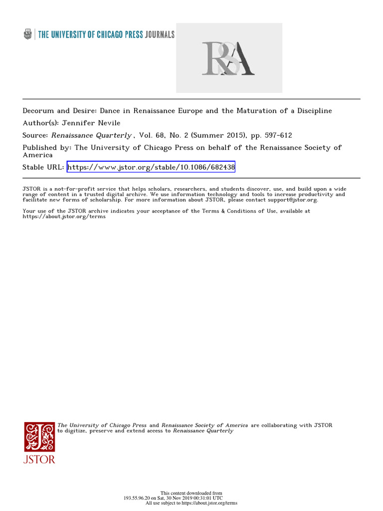 Decorum and Desire Dance in Renaissance Europe and The Maturation of A ...