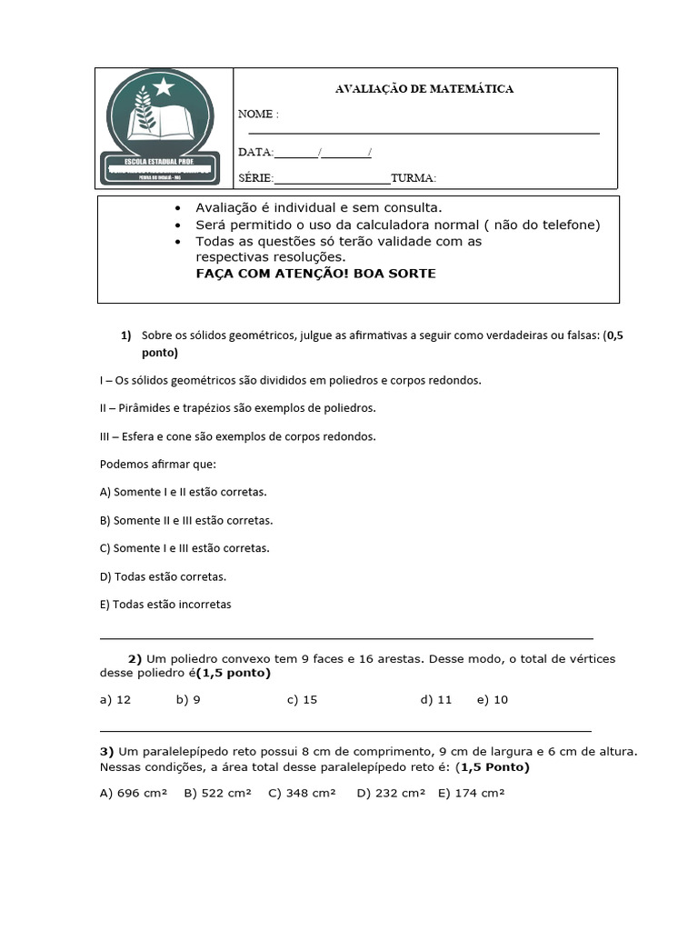 AVALIAÇÃO DE MATEMÁTIC 3 Ano Prova C 2023 | PDF | Objetos geométricos ...