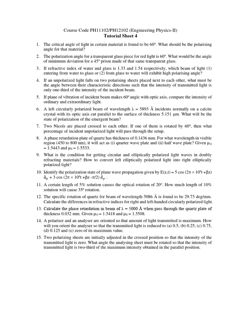 Engineering Physics-II: Polarization Tutorial | PDF | Polarization (Waves) | Optics