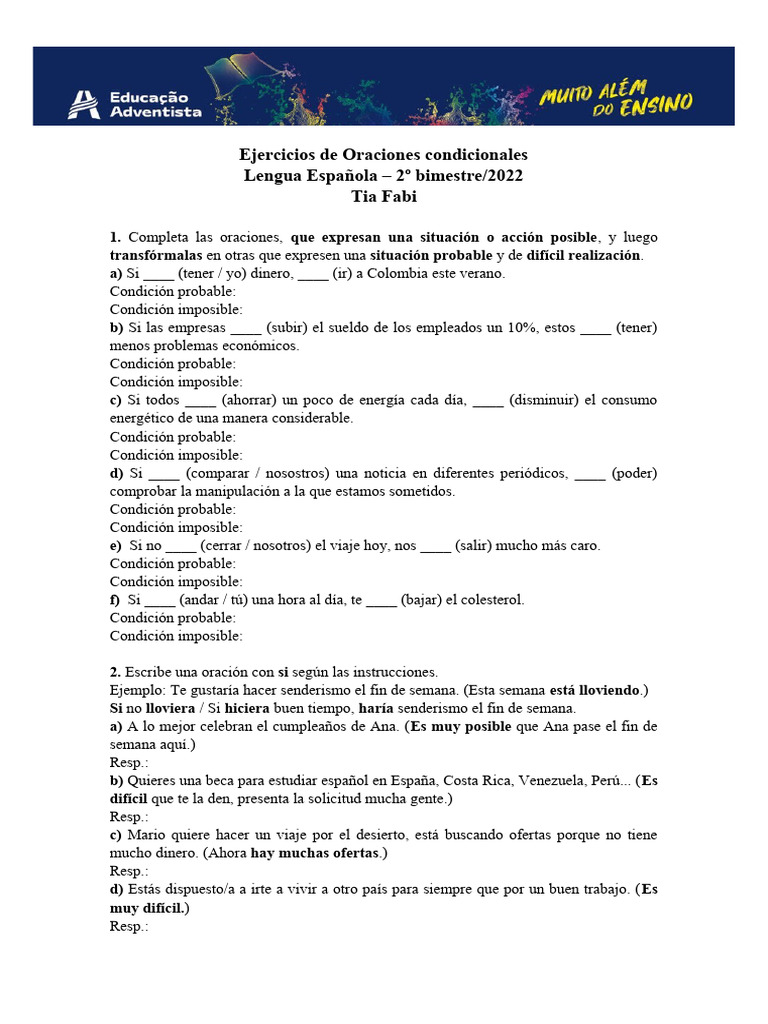 Ejercicios_Español_Oraciones_condicionales_3EM_2bim_2022 | PDF