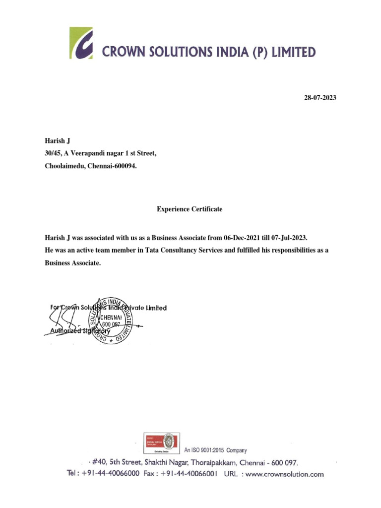 Experience Certificate for Harish J | PDF | Career & Growth | Business