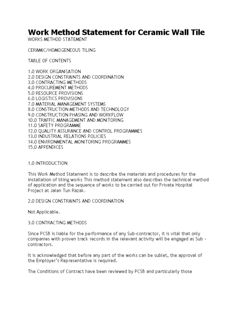 Work Method Statement For Ceramic Floor Tiling. | PDF | Tile | Logistics