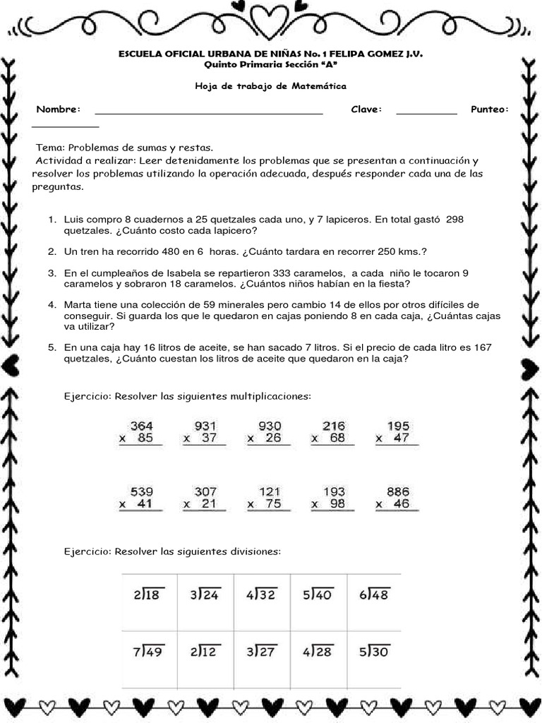 Hoja de trabajo Matematica 3 | PDF