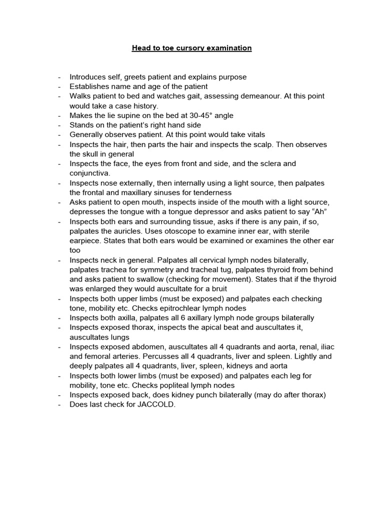 Head-to-Toe Cursory Examination Guide | PDF | Wellness